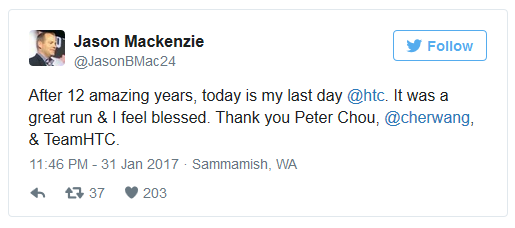 接下大位才滿一年，HTC全球副總裁Jason Mackenzie宣布離職 | T客邦